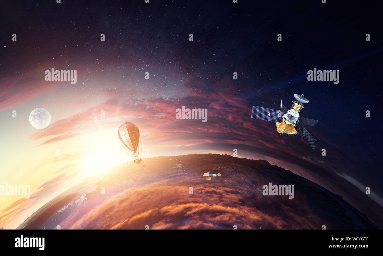 Planet orbit with deep space view and flying objects Stock Photo - Alamy
