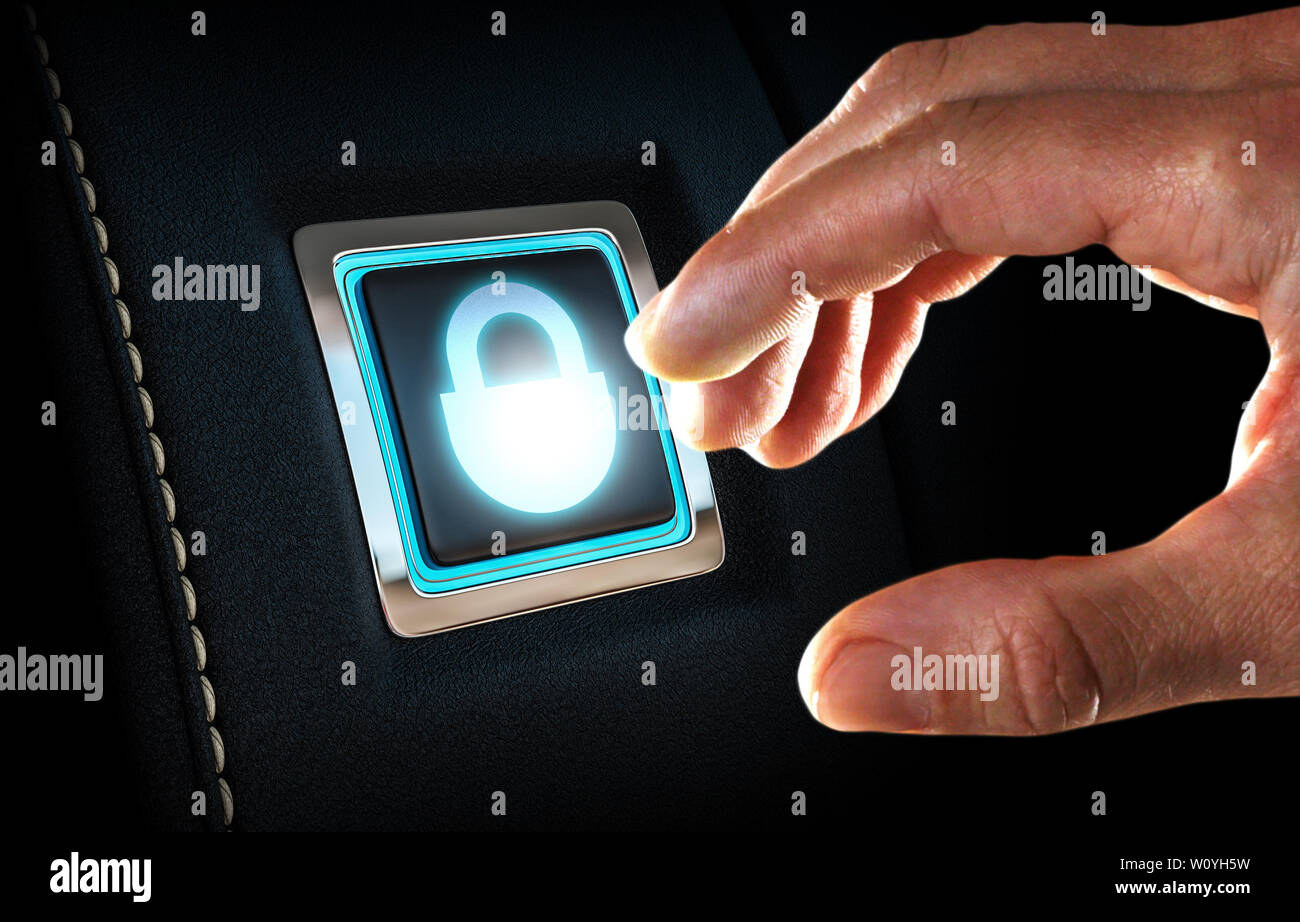 Close up of finger about to press lock button. Mixed media Stock Photo ...