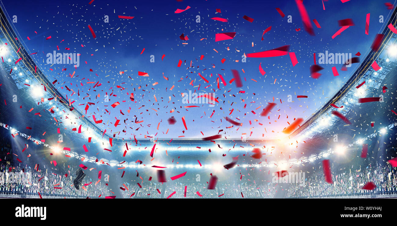 Soccer stadium background with flying confetti Stock Photo - Alamy