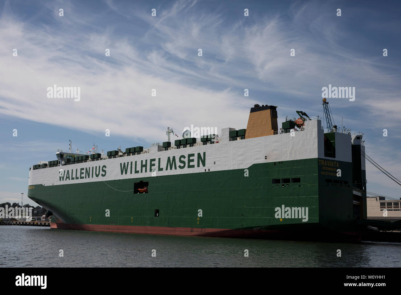 A Wallenius Wilhelmsen Norwegian and Swedish cargo ship in the harbor ...