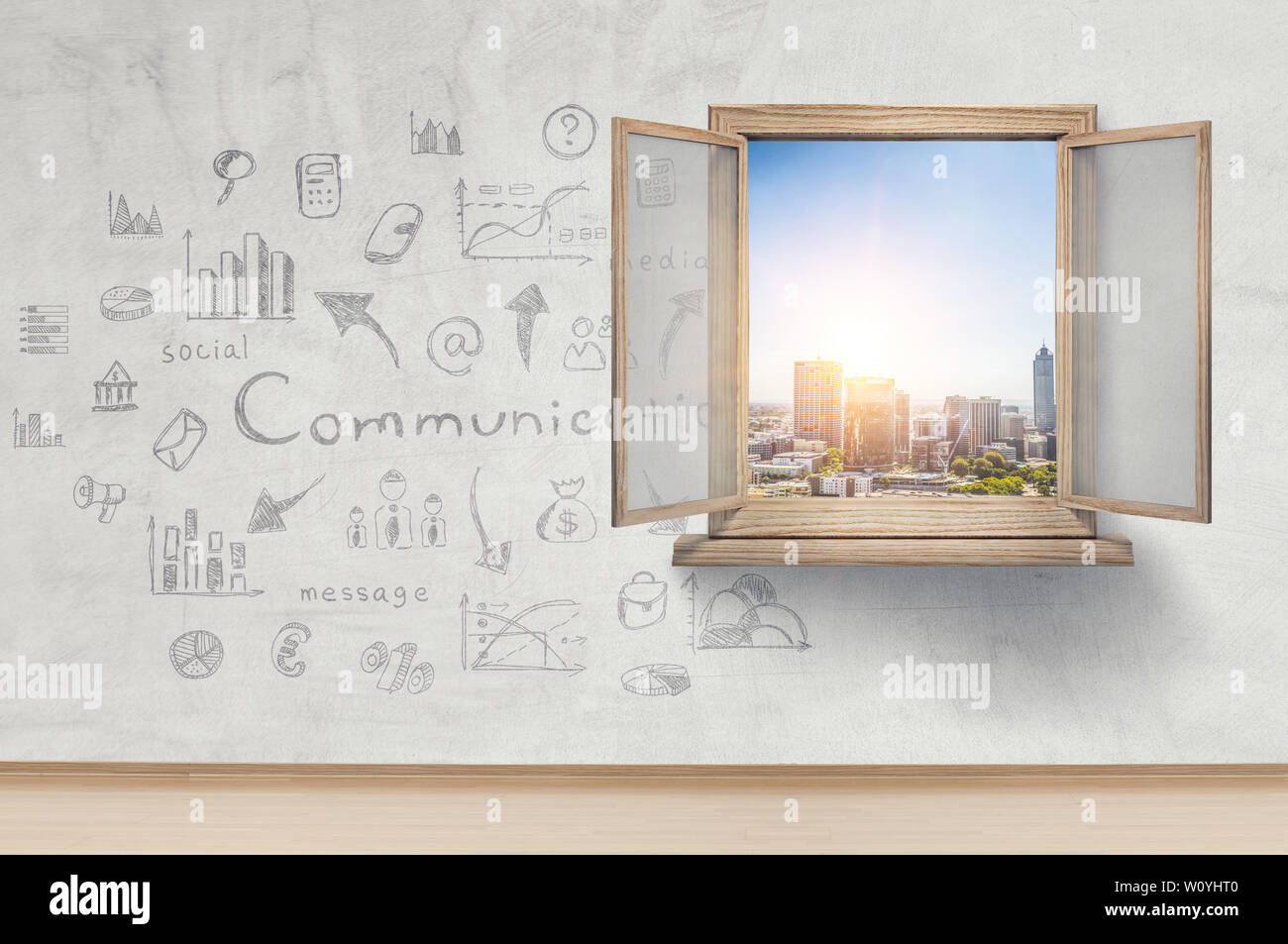 Open vintage window in the wall and daylight city view outside Stock ...