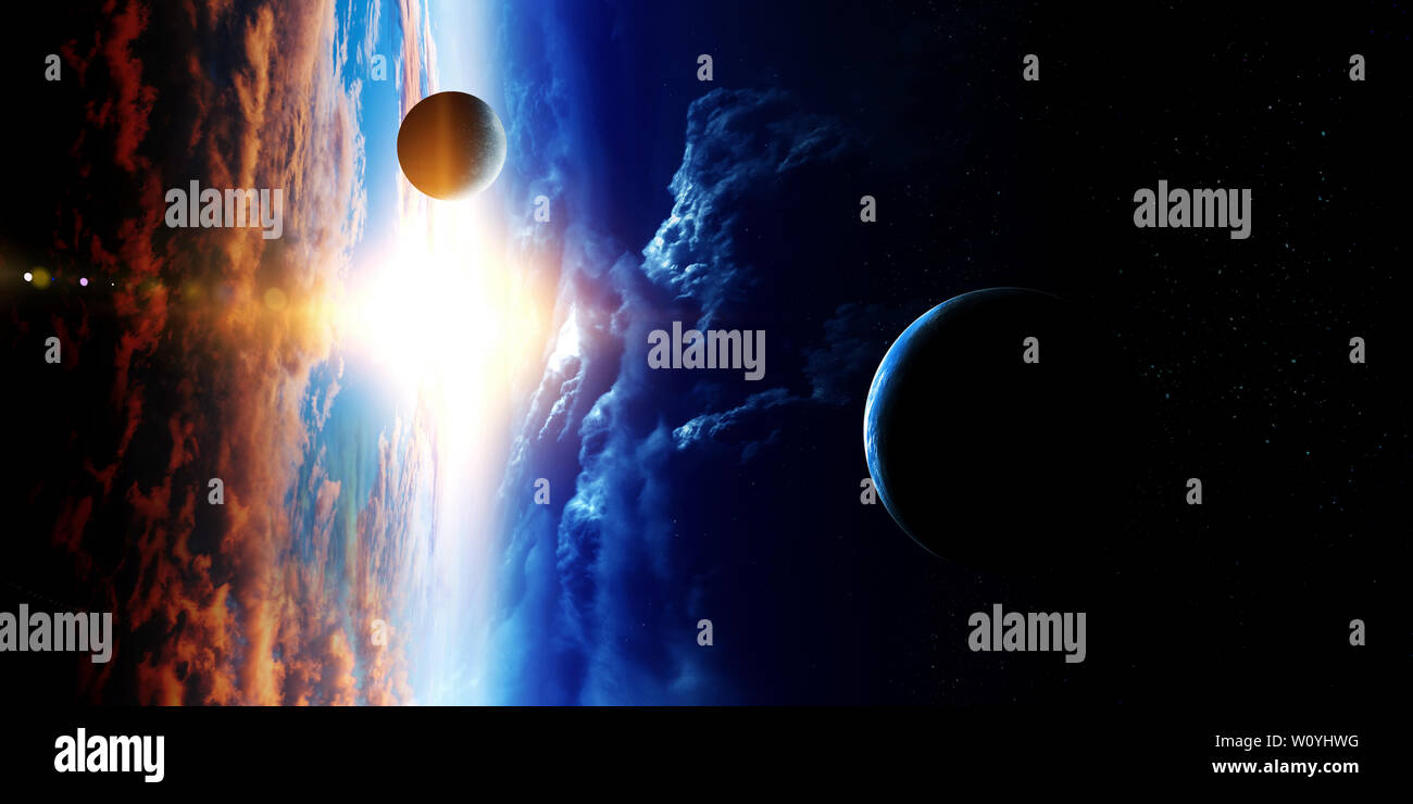 Abstract planets on space textures and sunrise Stock Photo - Alamy