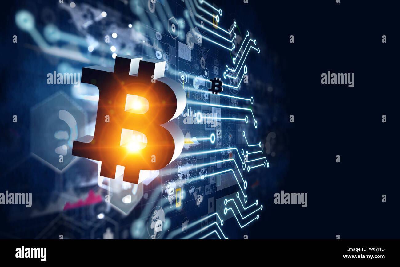 Bitcoin symbol and microcircuit with digital board with diagrams hi-res ...