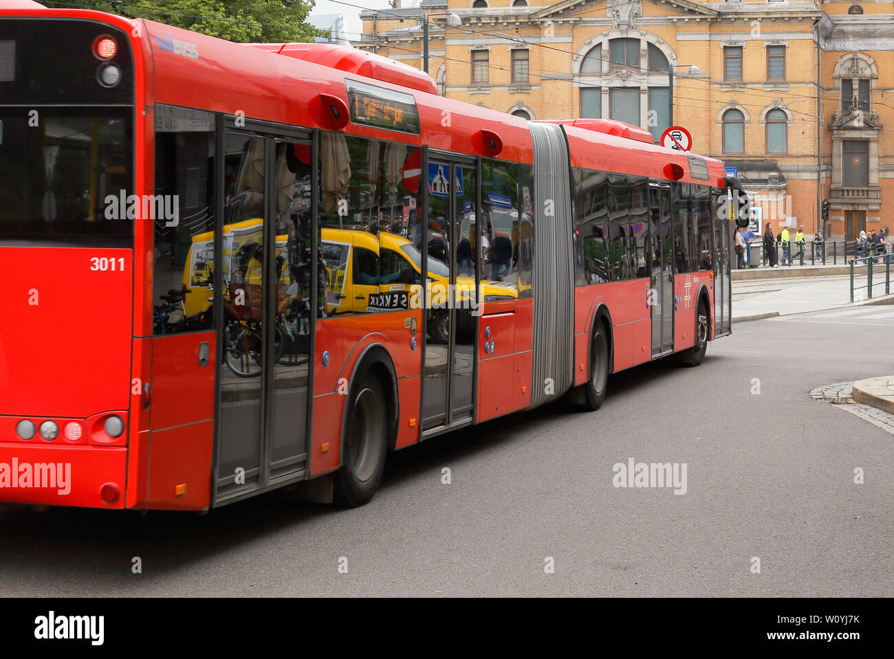 Olso, Norway - June 20, 2019: Rear and side view of a red colored ...