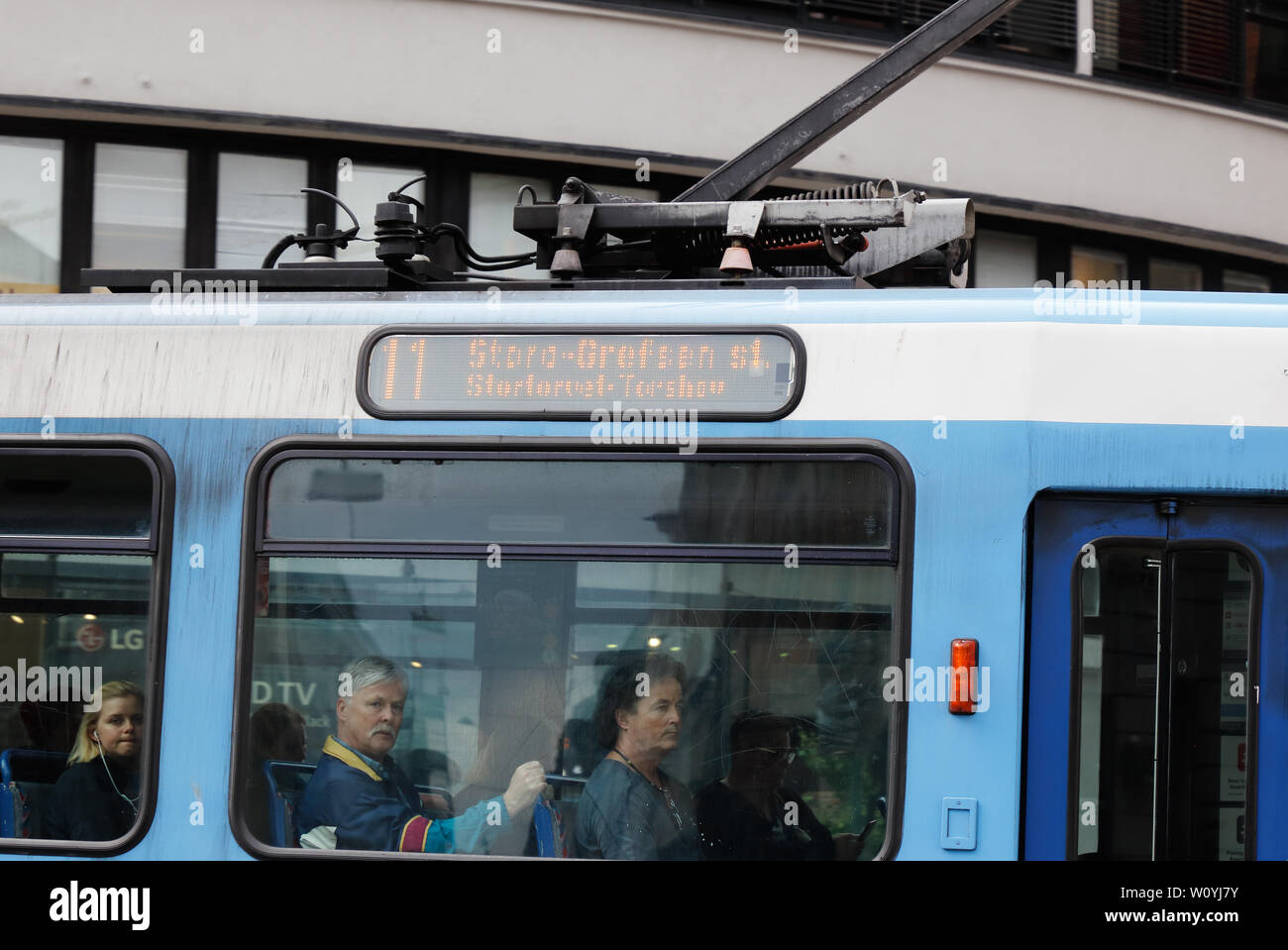 Oslo, Norway - June 20, 2019: Close-up side view of tram in service on ...