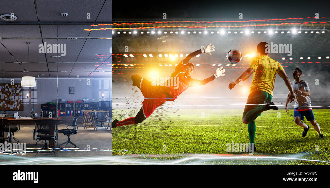 Real room and a football stadium environment with two players and a ...