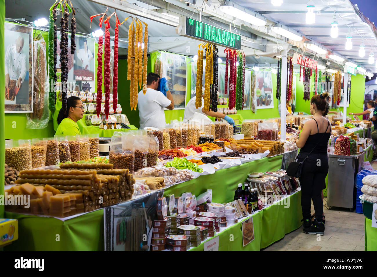 Sweet, fruit and nut stall on Finikoudes prom at night during the ...