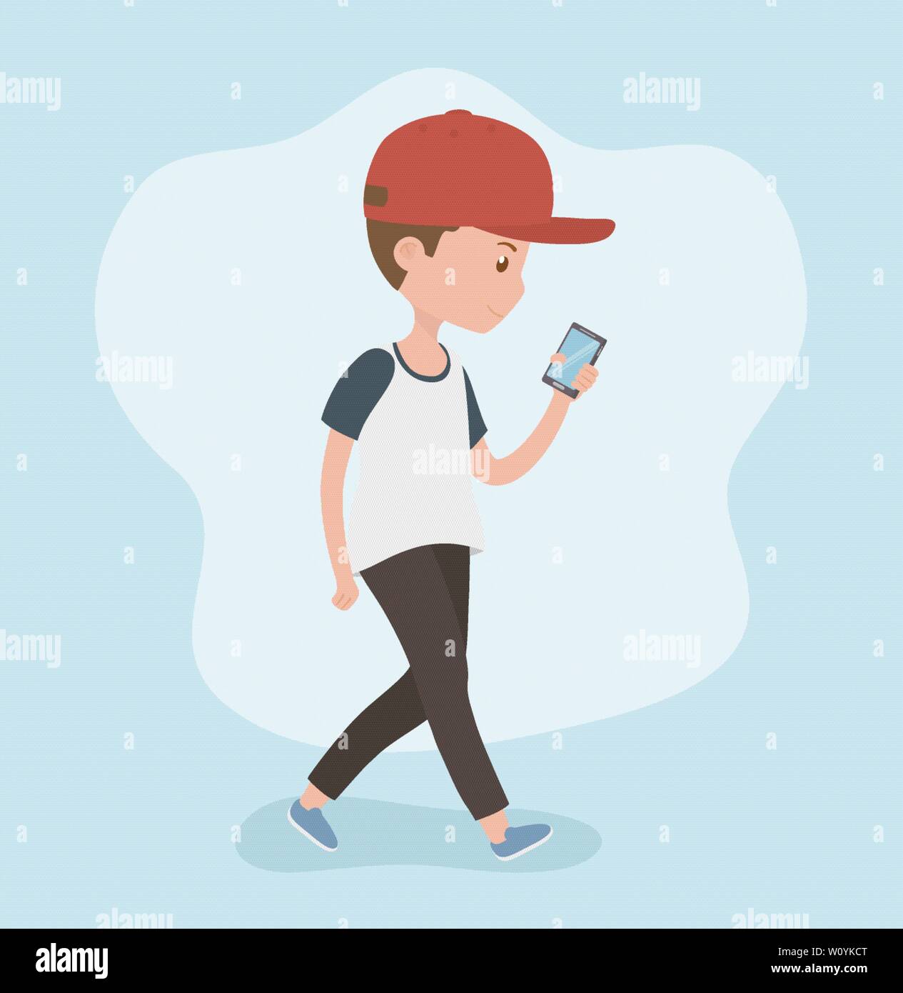 young boy walking using smartphone vector illustration design Stock ...