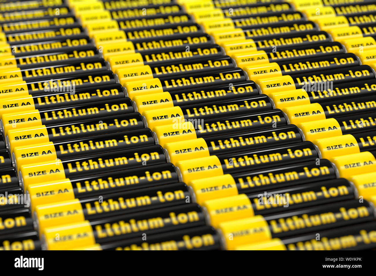 Rows of generic AA batteries with the label 'Lithium Ion' - 3D ...