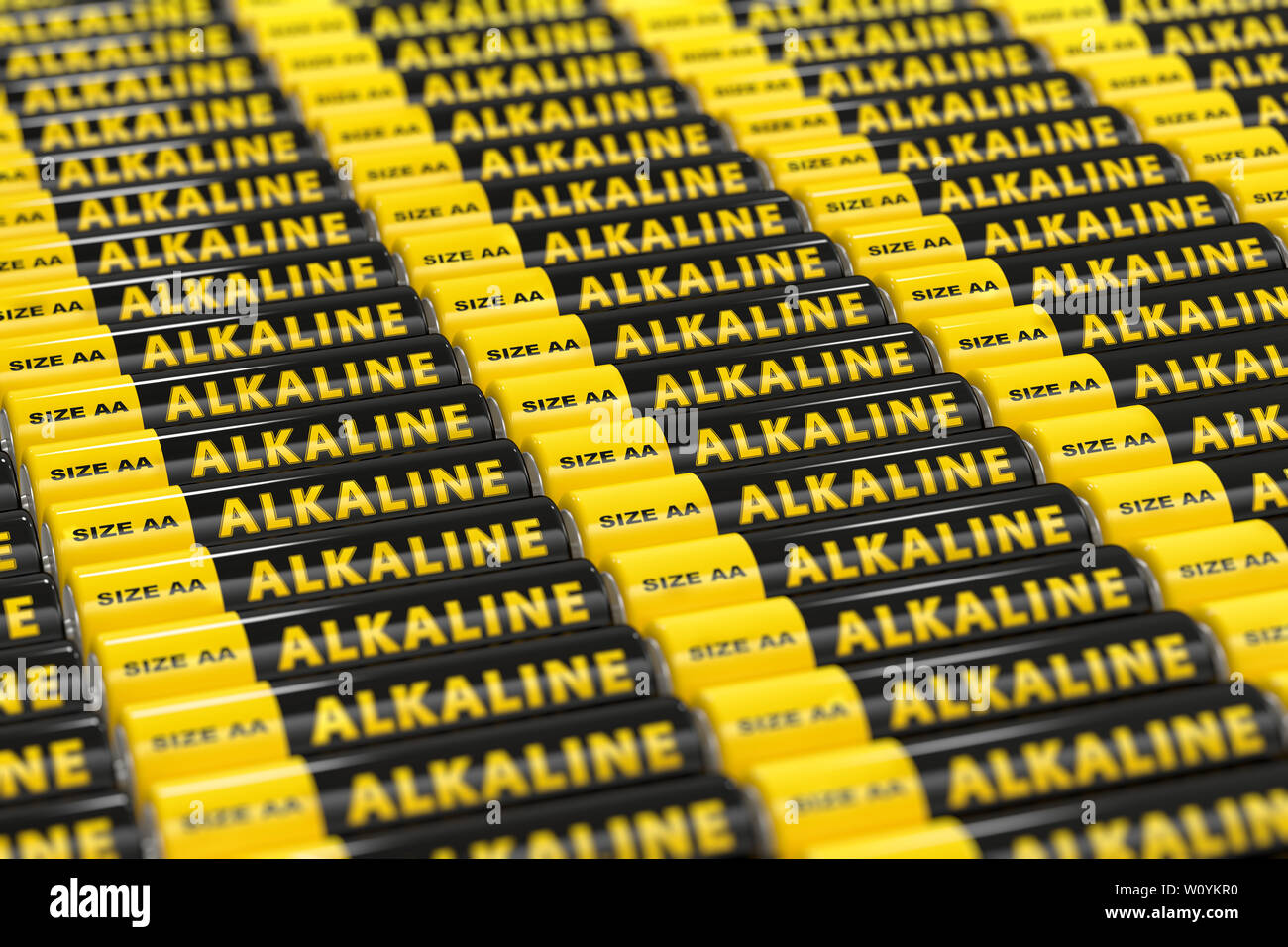 Rows of generic AA batteries with the label 'Alkaline' - 3D Rendering ...
