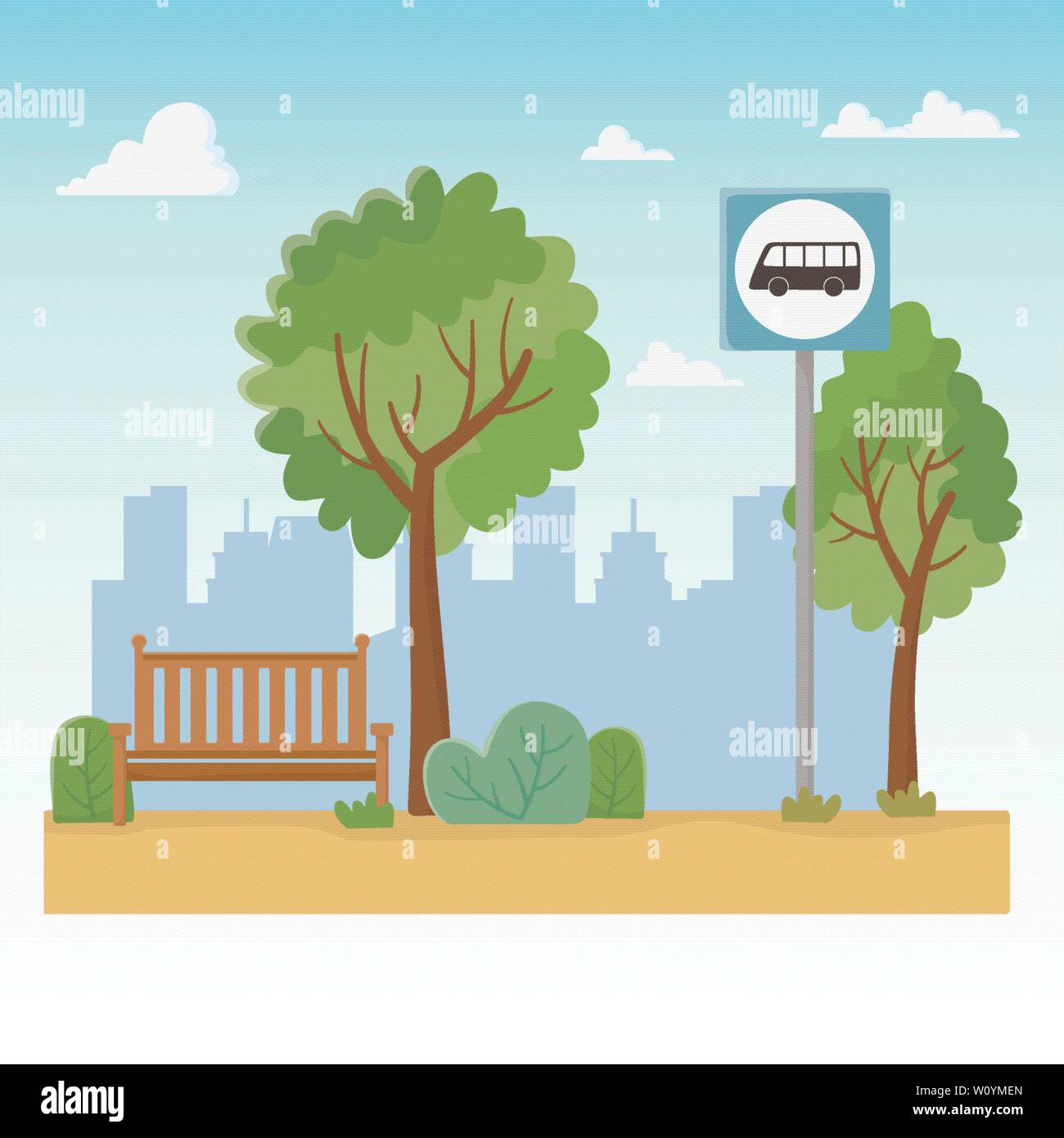 city park scene with chair and bus stop vector illustration design ...