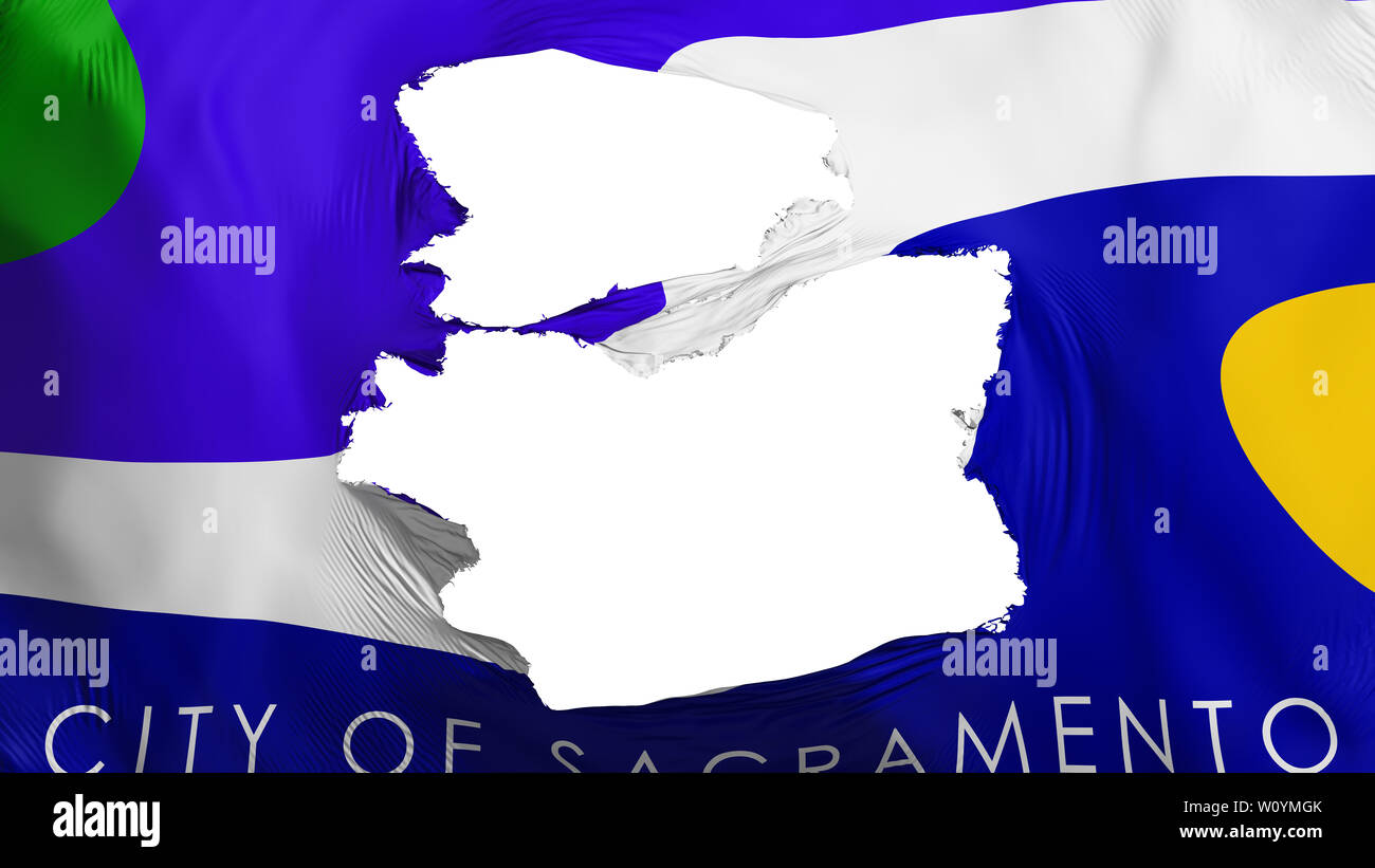 Tattered Sacramento city, capital of California state flag, white ...