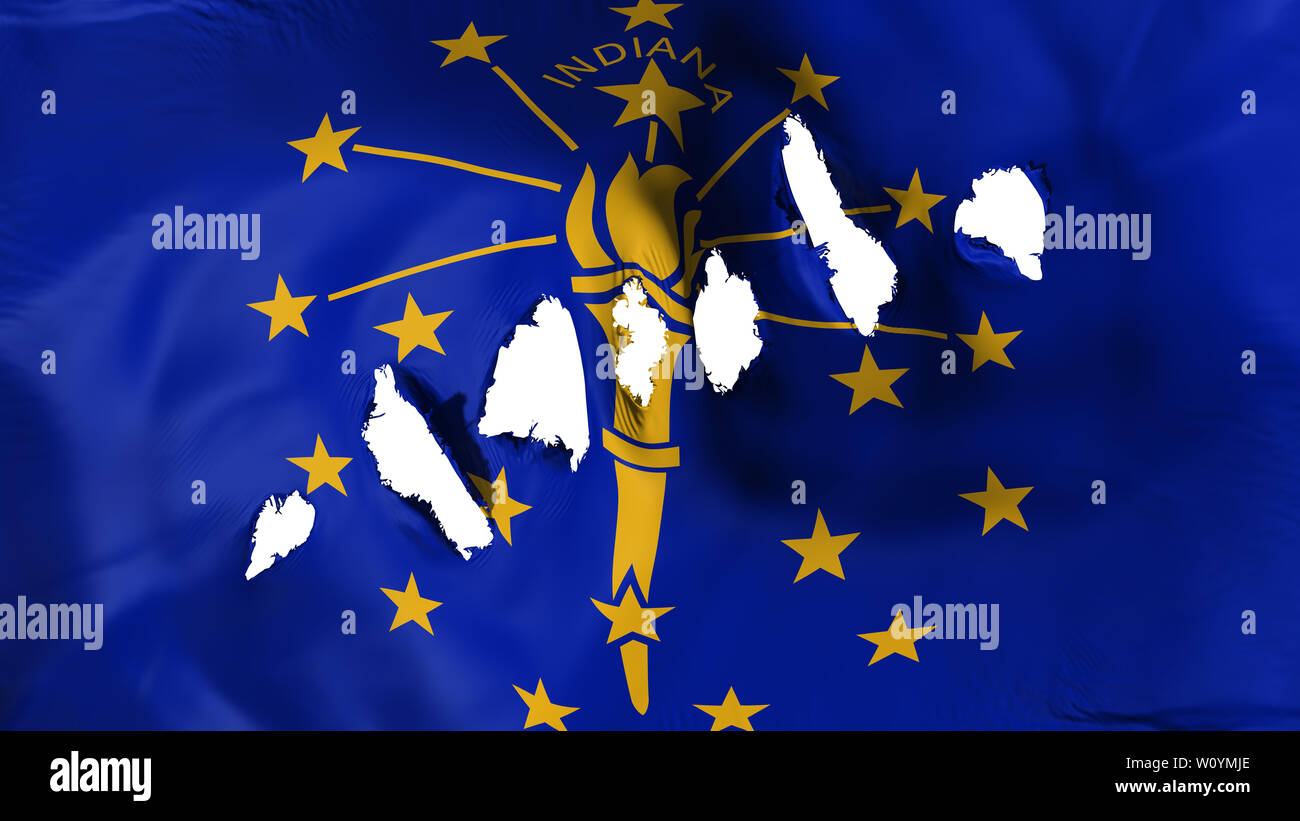 Indiana state flag perforated, bullet holes, white background, 3d ...