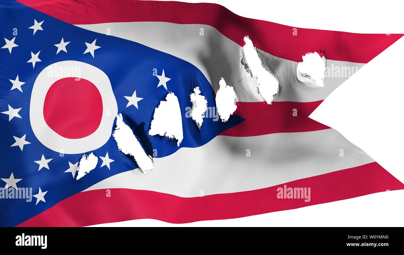 Ohio state flag perforated, bullet holes, white background, 3d ...