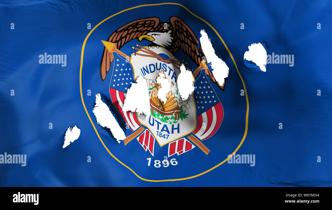 Utah state flag perforated, bullet holes, white background, 3d ...