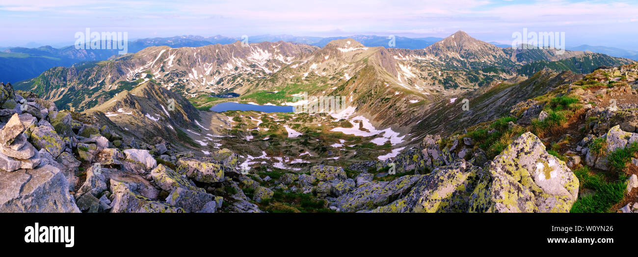 Panoramic view from Peleaga peak, Retezat mountains, at sunrise, in ...