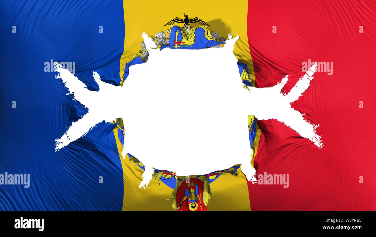 Bucharest, capital of Romania flag with a big hole, white background ...