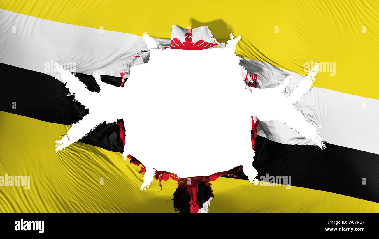 Bandar Seri Begawan, capital of Brunei flag with a big hole, white ...