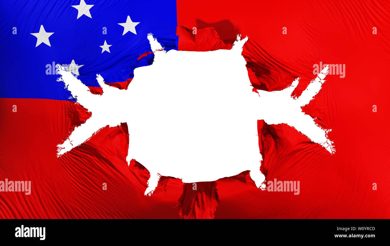 Apia, capital of Samoa flag with a big hole, white background, 3d ...