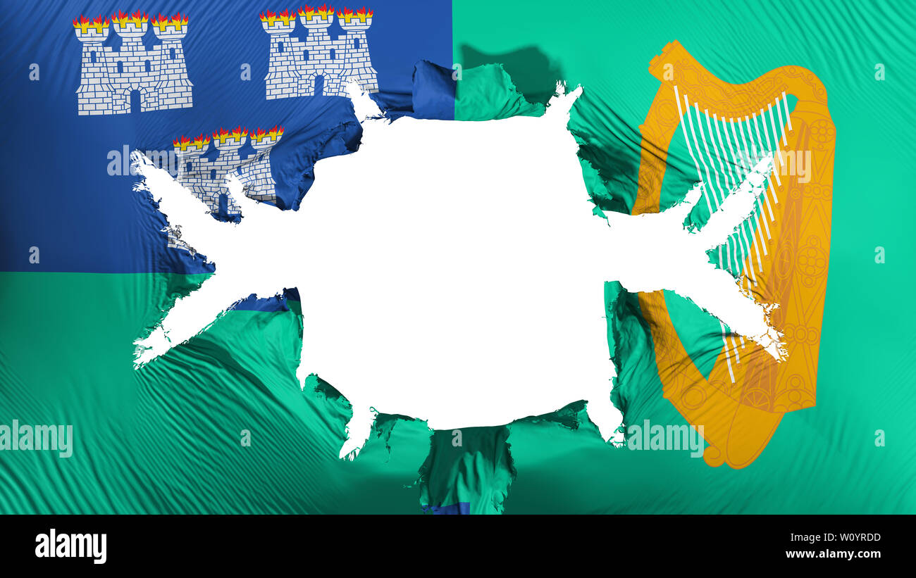 Dublin, capital of Ireland flag with a big hole, white background, 3d ...