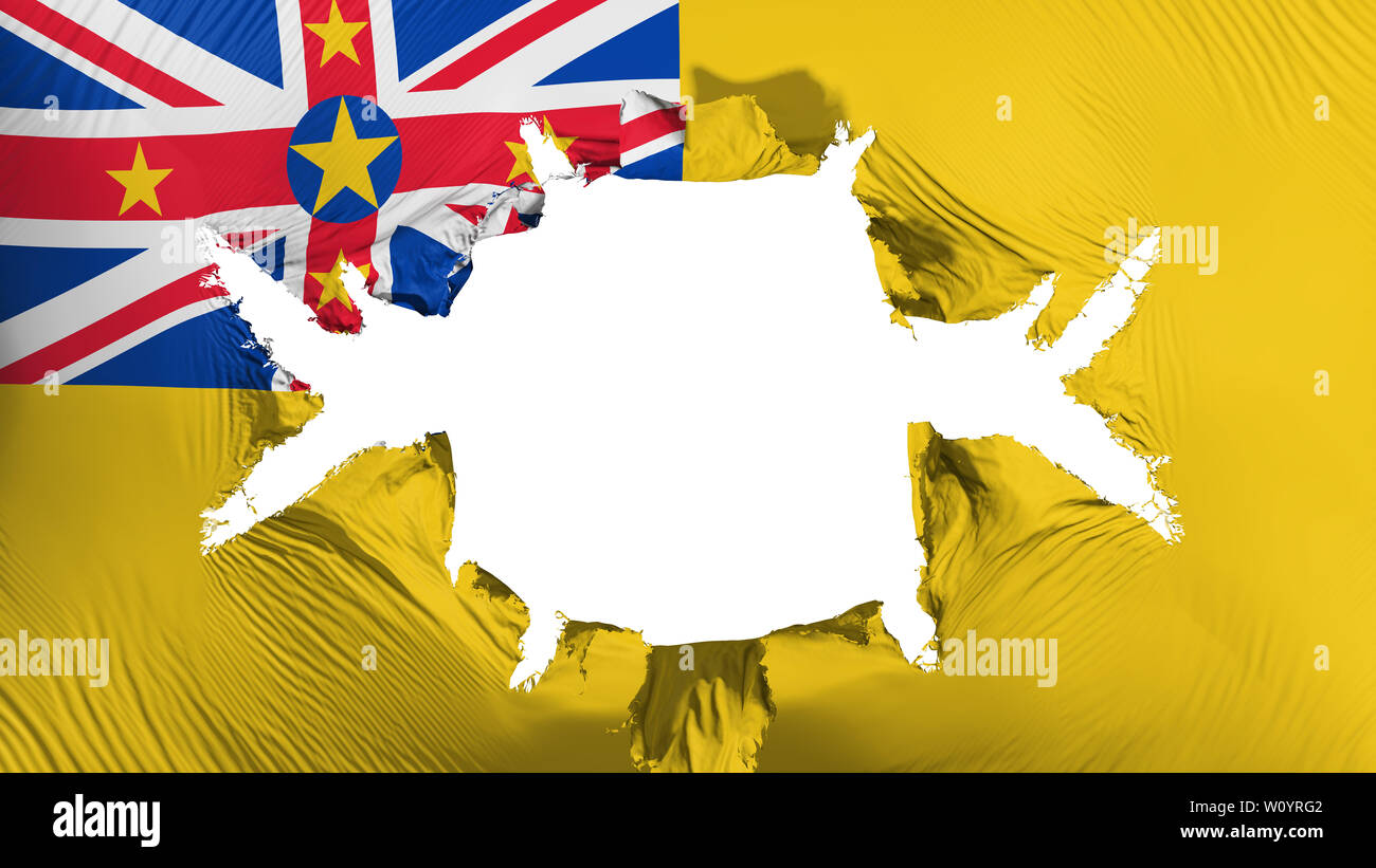 Niue city, capital of Alofi flag with a big hole, white background, 3d ...