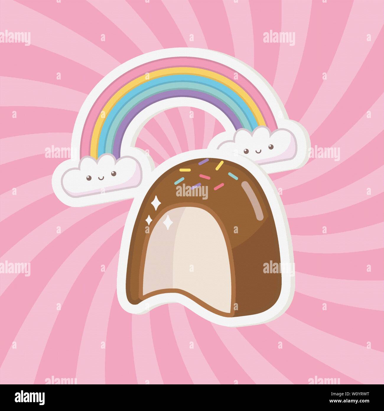 rainbow with clouds kawaii and chocolate candy vector illustration ...