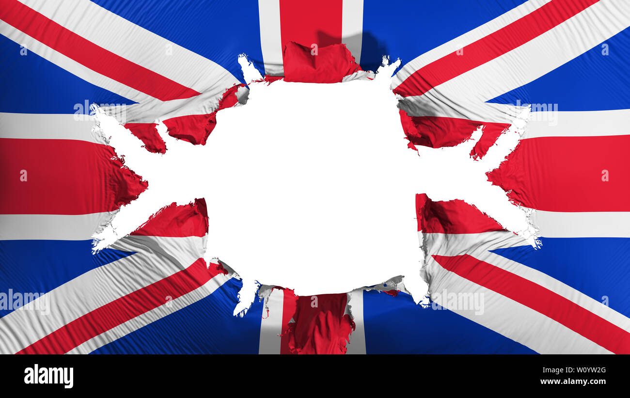 United Kingdom UK flag with a big hole, white background, 3d rendering ...