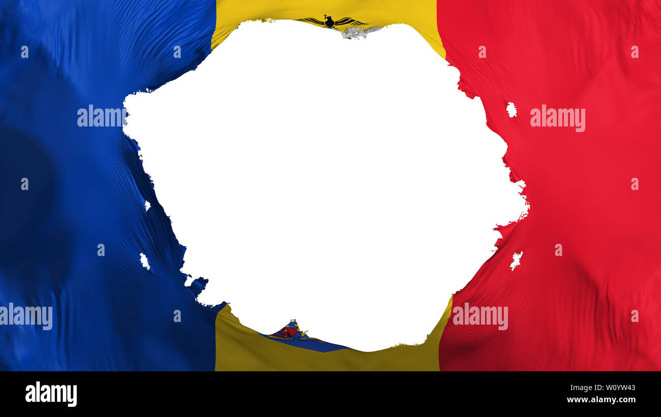 Broken Bucharest, capital of Romania flag, white background, 3d ...