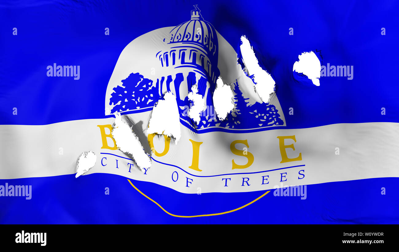 Boise city, capital of Idaho state flag perforated, bullet holes, white ...