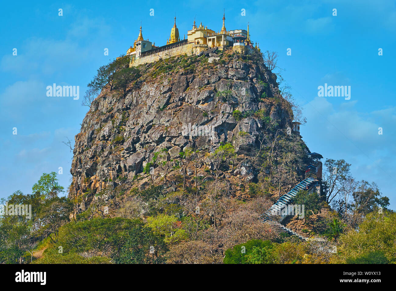 The scenic Taung Kalat Buddhist complex atop slender volcanic plug ...
