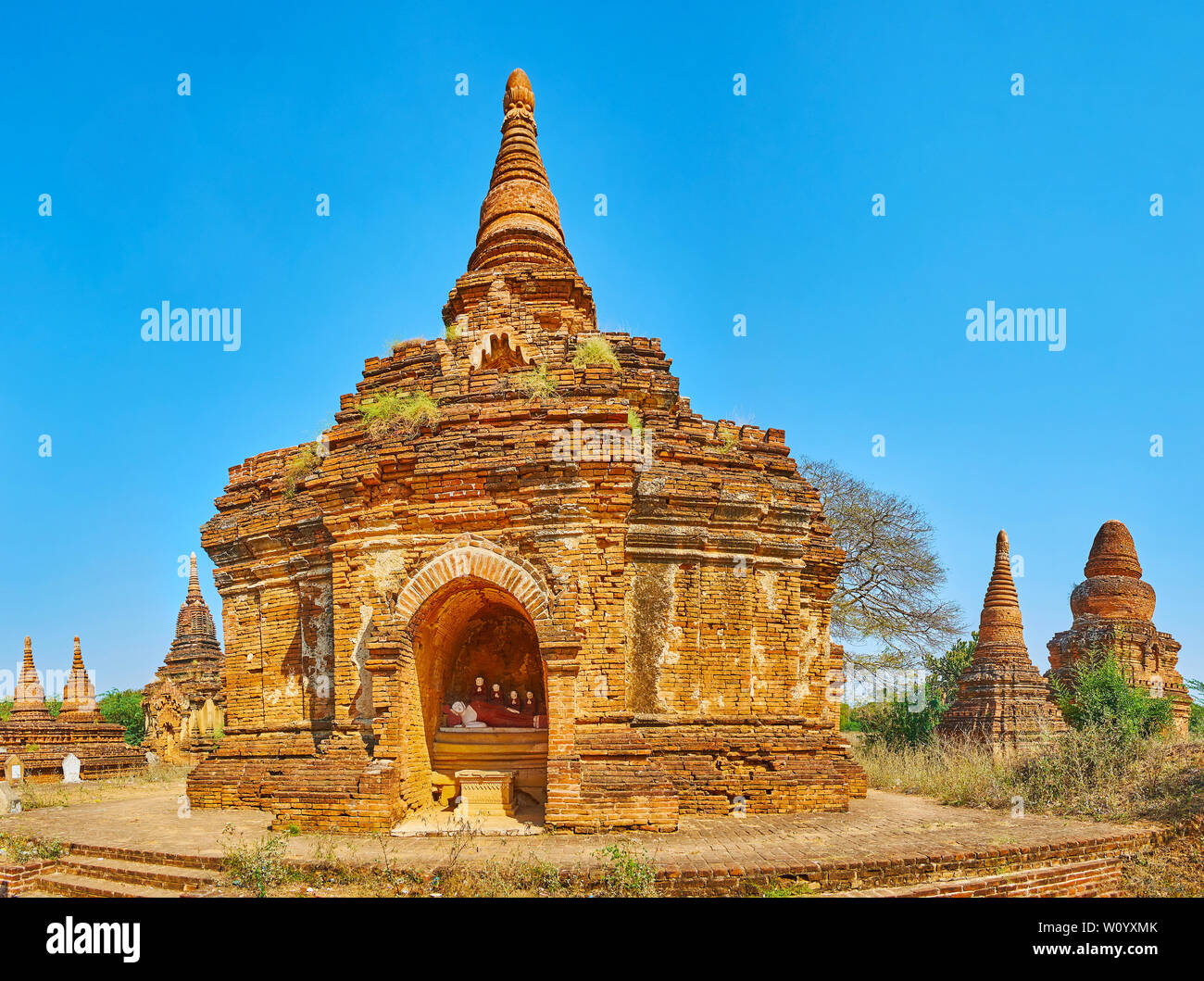 Panorama of the ancient brick shrine, decorated with carved patterns ...