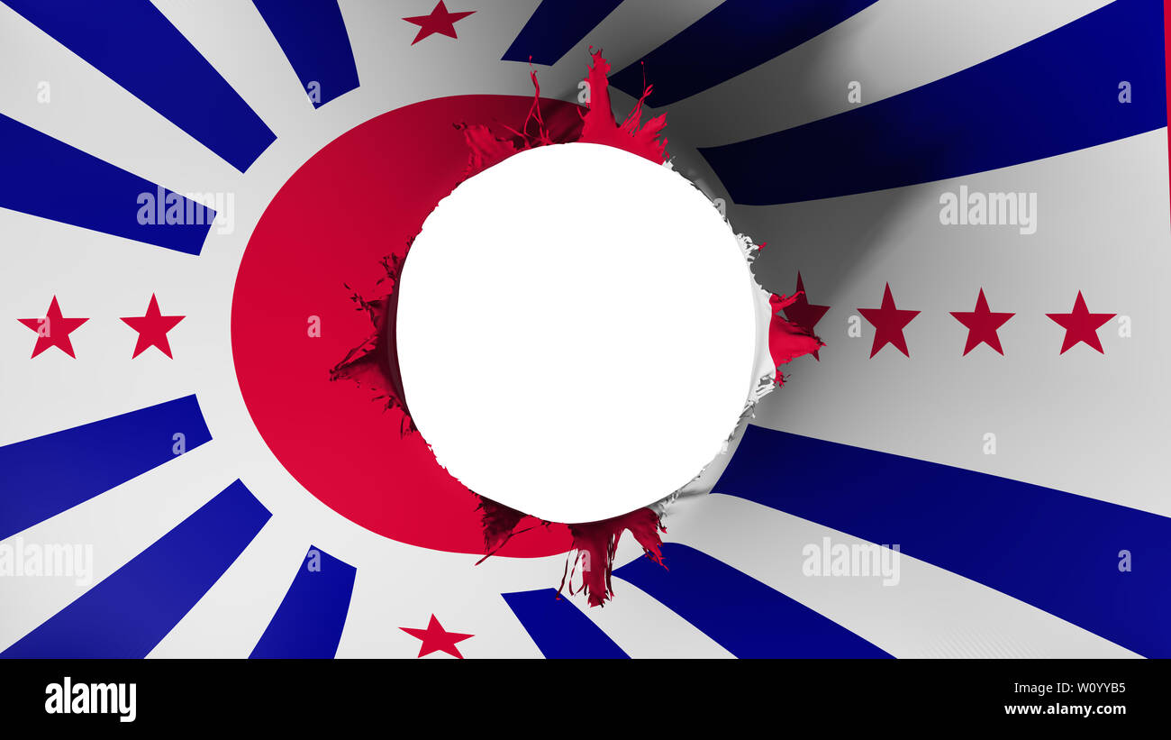 Hole cut in the flag of Japan American, white background, 3d rendering ...