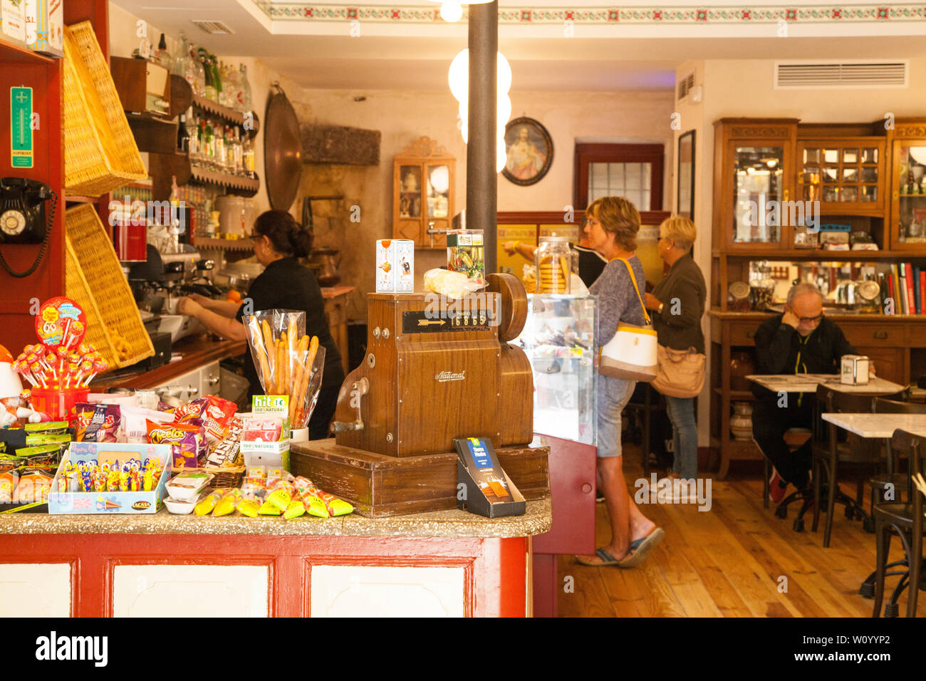 Traditional small Spanish shop and cafe bar in the Spanish town of ...