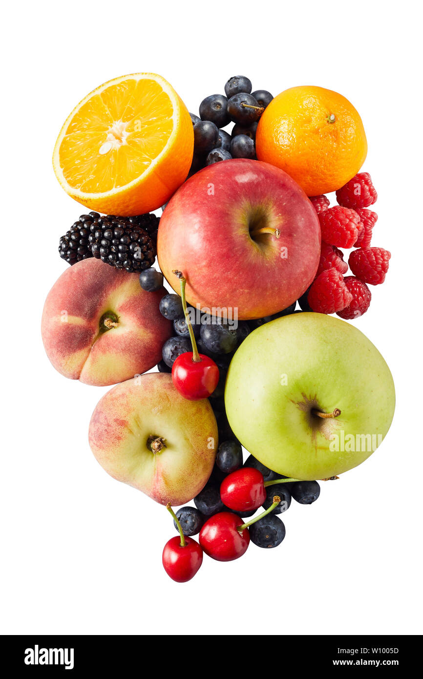 Single pile of assorted fruit including apples cherries halved oranges ...