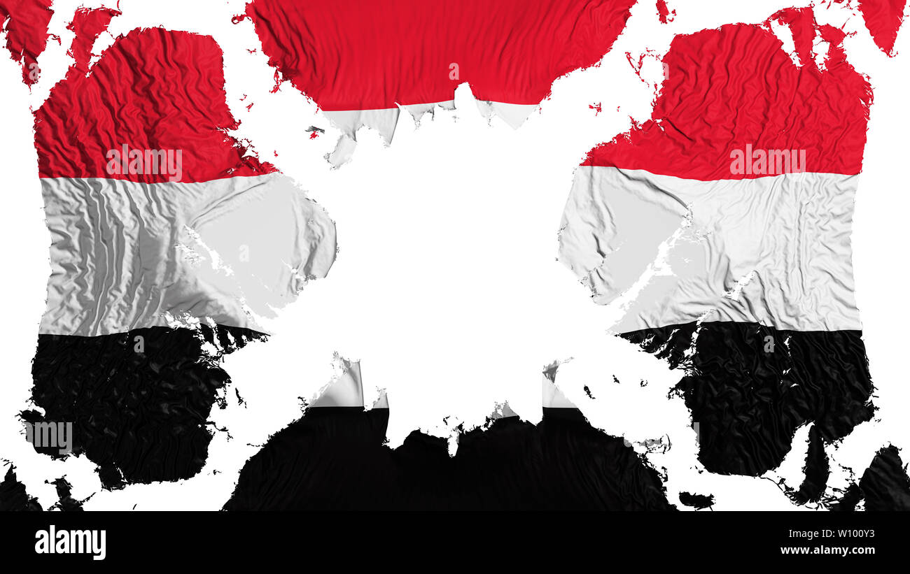 Yemen torn flag fluttering in the wind, over white background, 3d ...