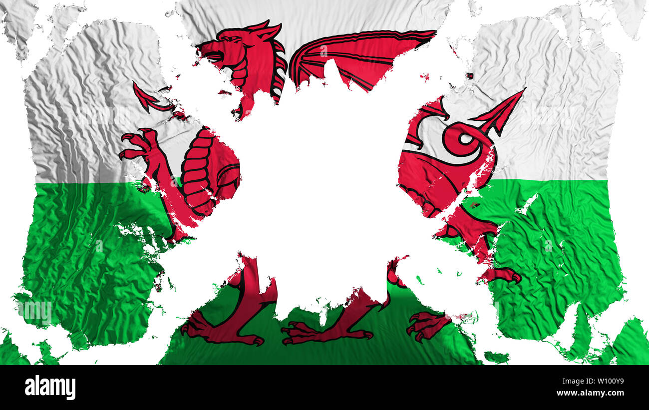 Wales torn flag fluttering in the wind, over white background, 3d ...