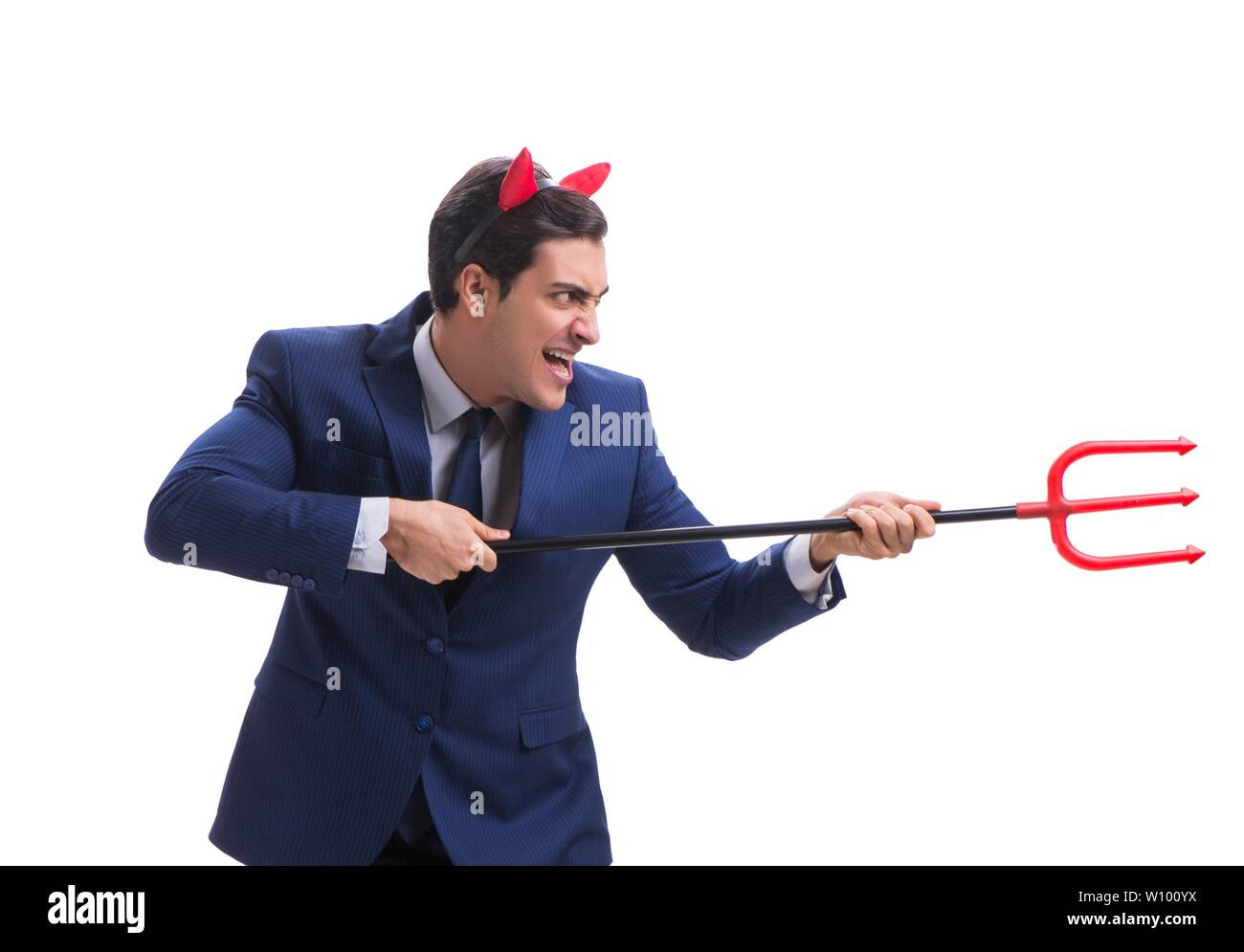 Evil devil businessman with pitchfork isolated on white background ...