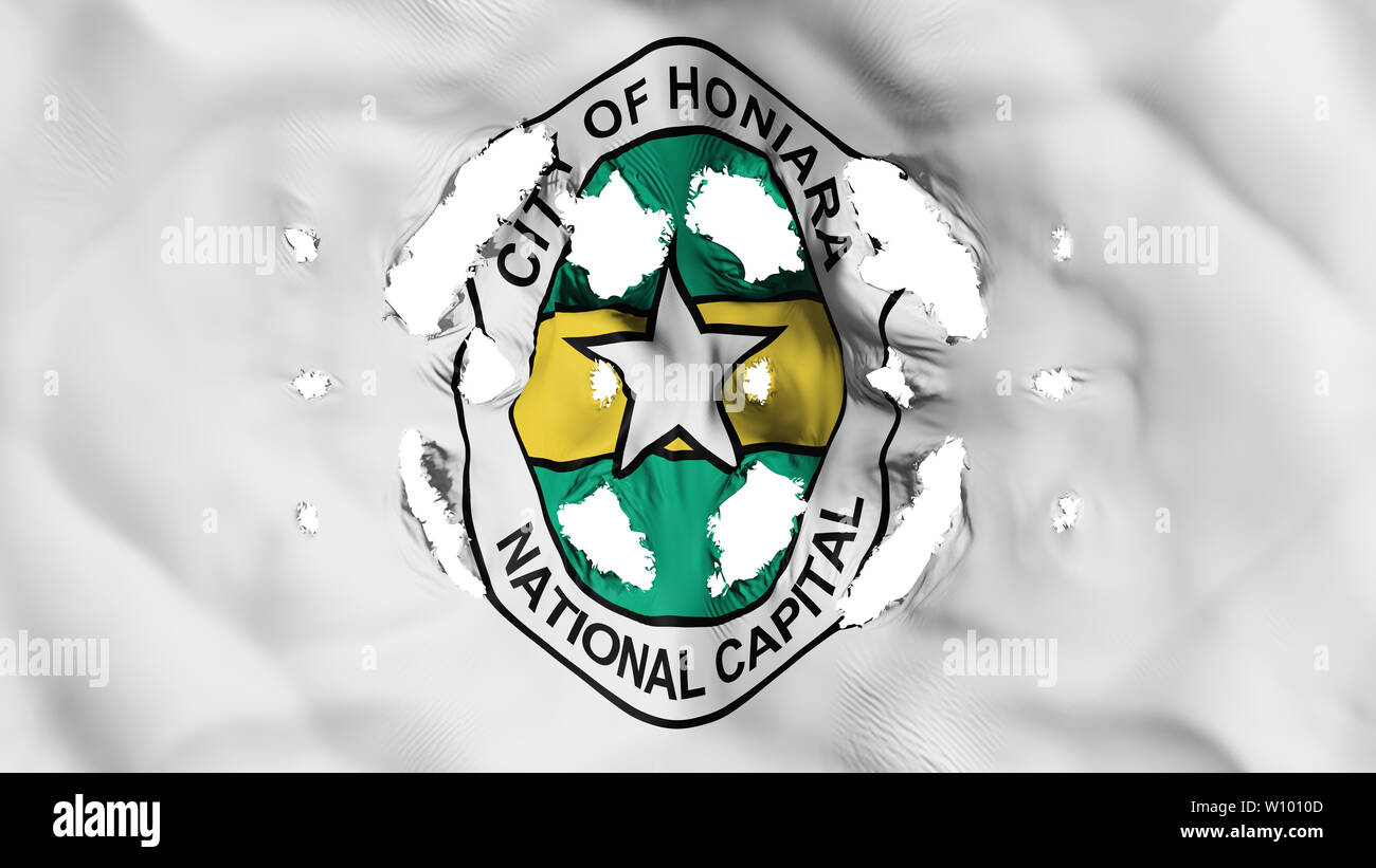 Honiara, capital of Solomon Islands flag with a small holes, white ...