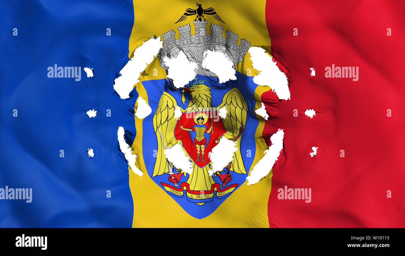 Bucharest, capital of Romania flag with a small holes, white background ...