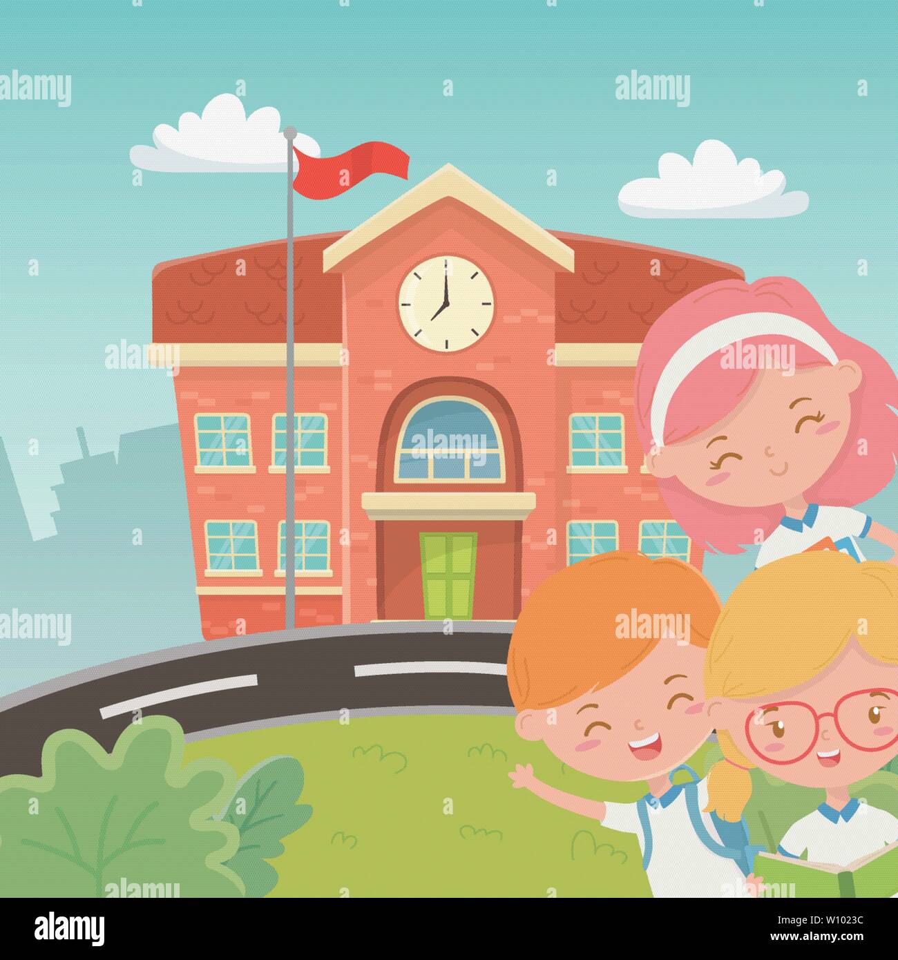 school building with kids in the landscape scene vector illustration ...