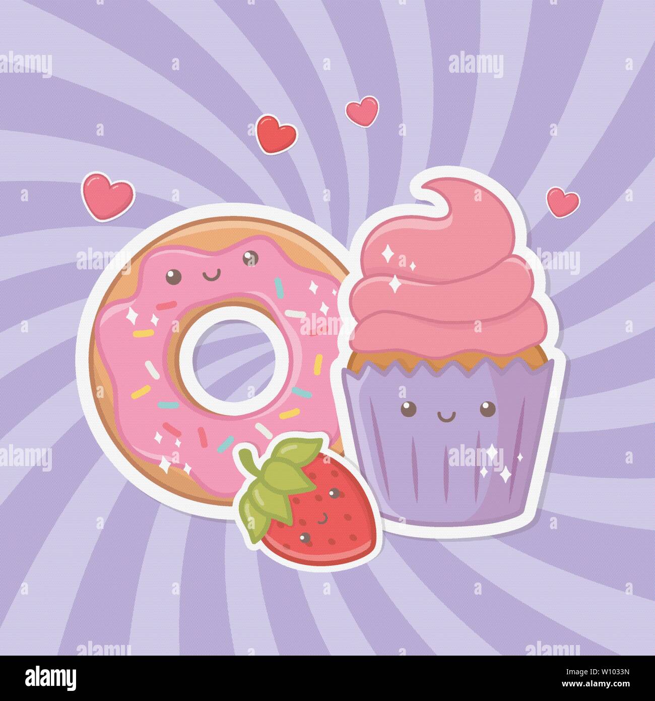 delicious and sweet donut and products kawaii characters vector ...