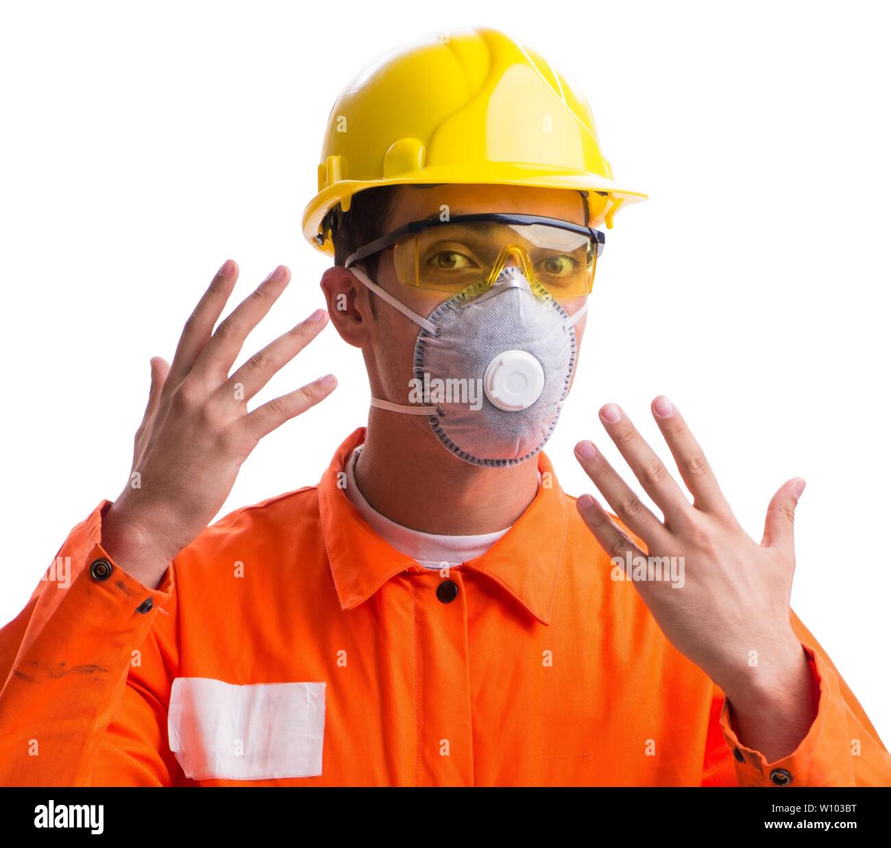 Construction worker with protective mask isolated on white Stock Photo ...