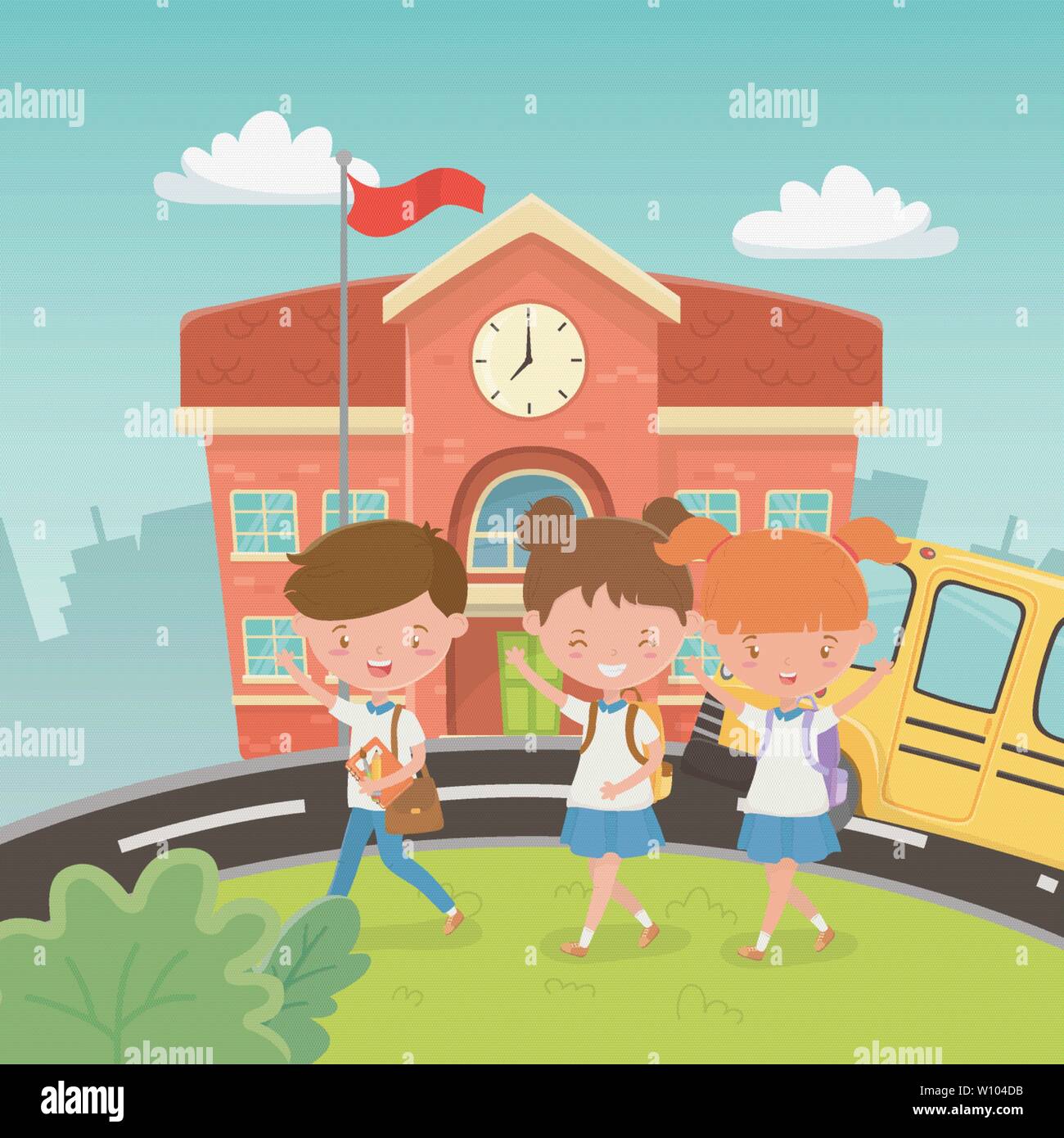 school building and bus with kids in the landscape scene vector ...
