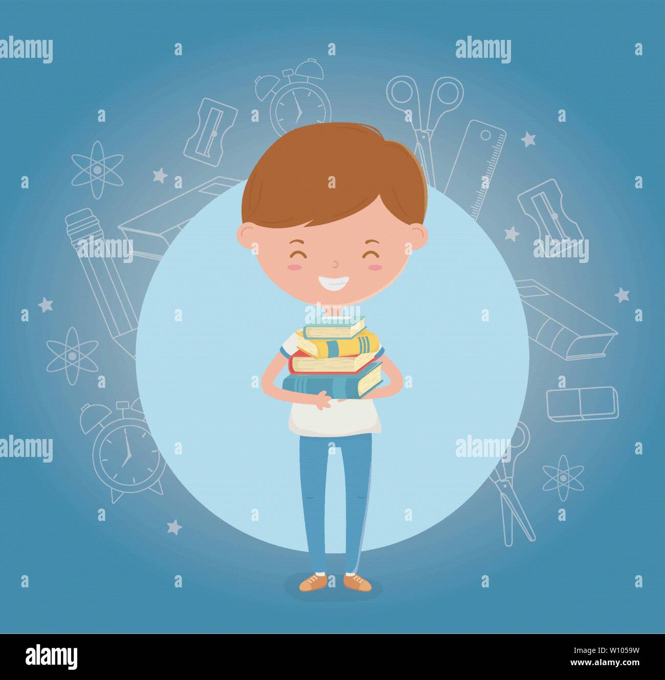 little student boy with school supplies vector illustration design ...