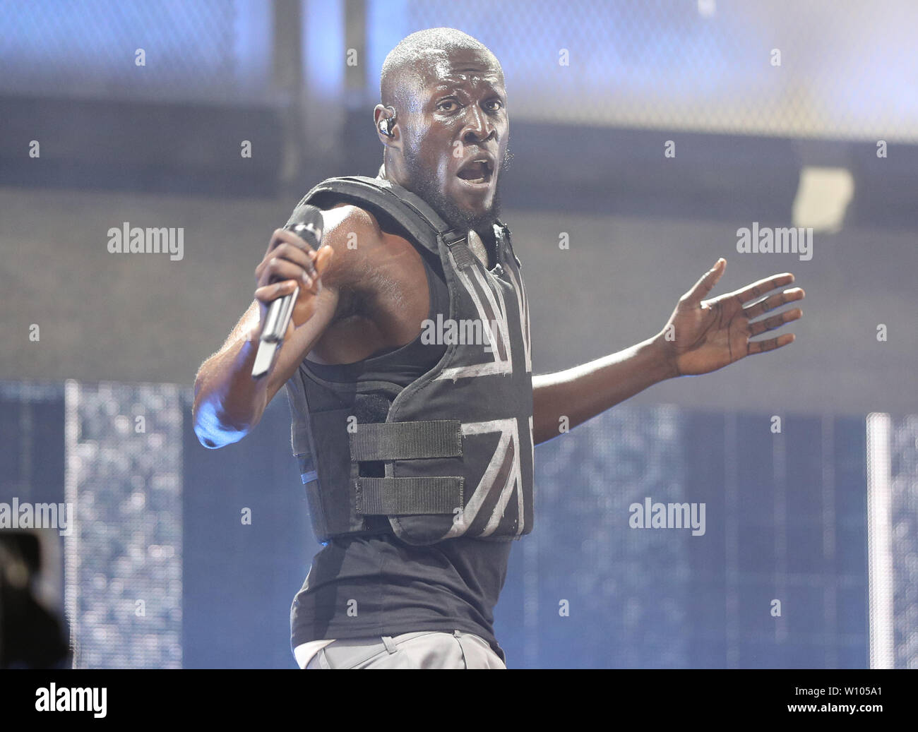 Stormzy performing on the Pyramid Stage during the Glastonbury Festival ...