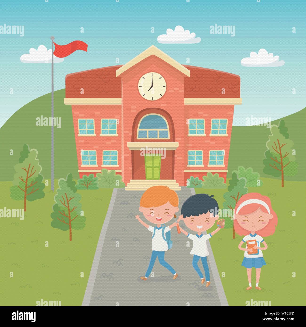 school building with kids in the landscape scene vector illustration ...