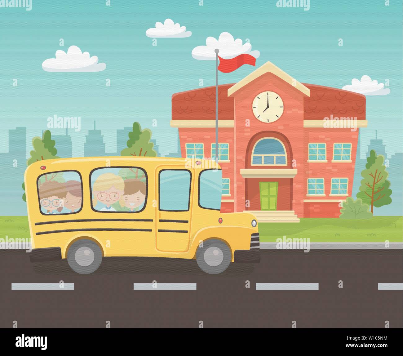 school building and bus with kids in the landscape scene vector ...