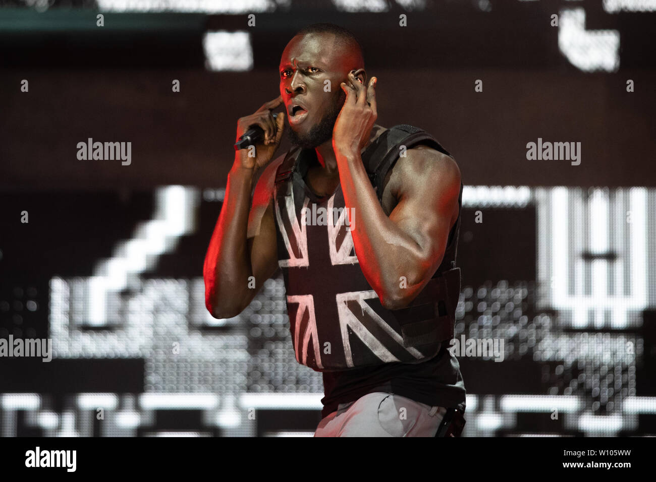 Stormzy performing on the Pyramid Stage during the Glastonbury Festival ...