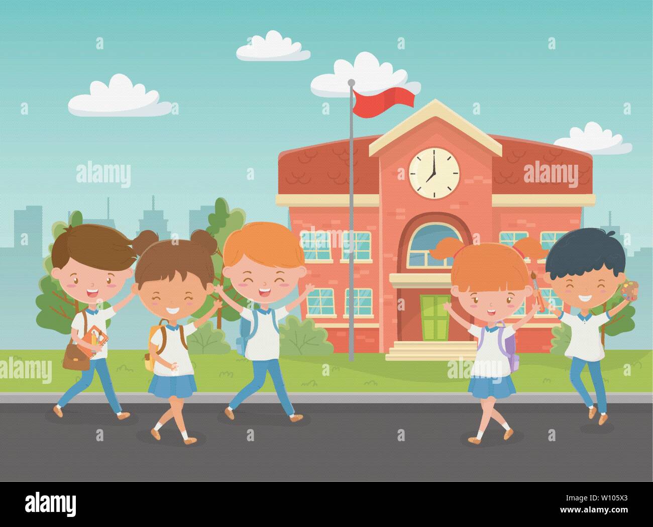 school building with kids in the landscape scene vector illustration ...