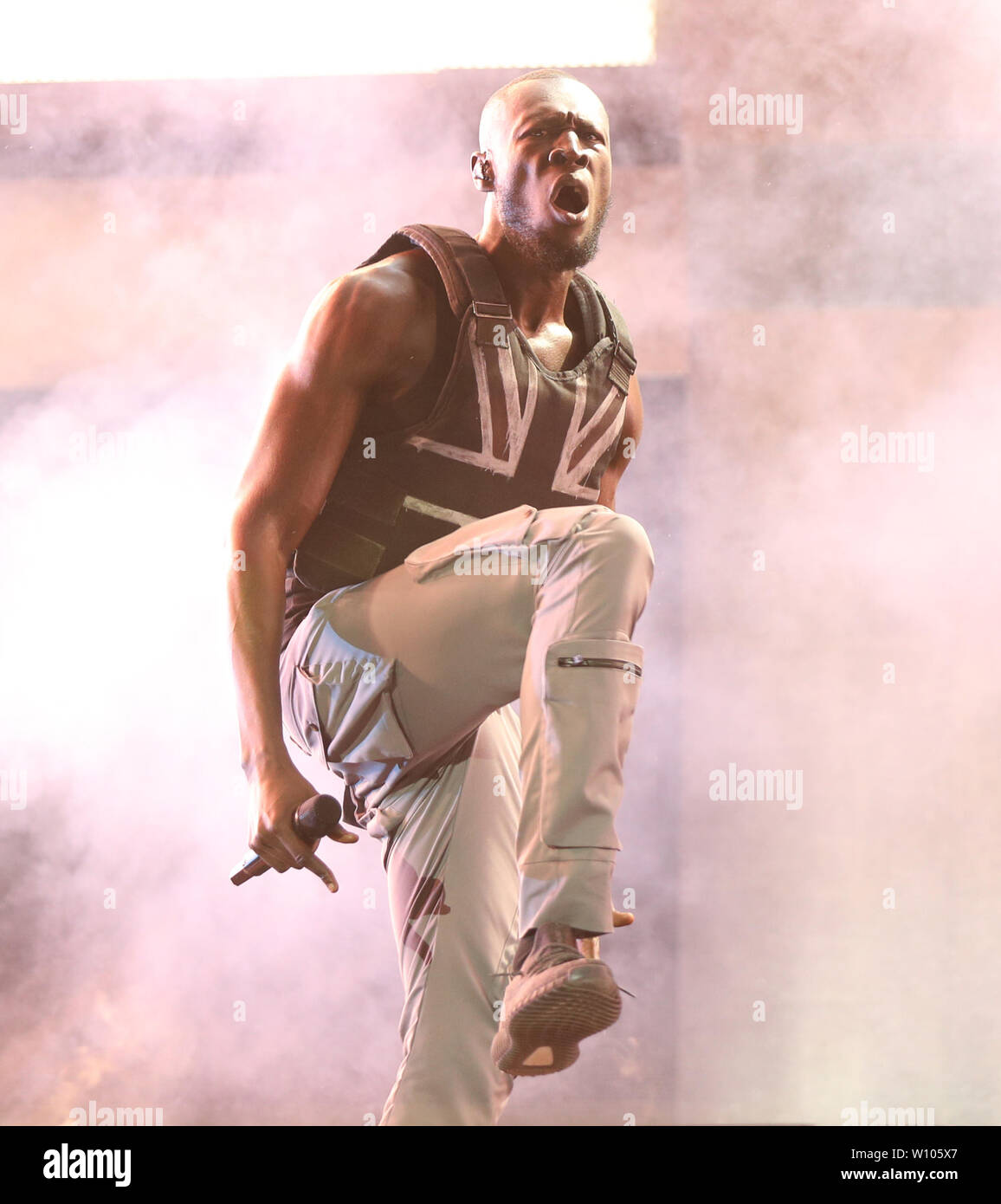 Stormzy performing on the Pyramid Stage during the Glastonbury Festival ...